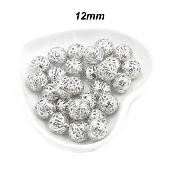 25pcs,12mm Size Hollow Ball (Jali Ball) Flower Beads Metal Charms Silv ...